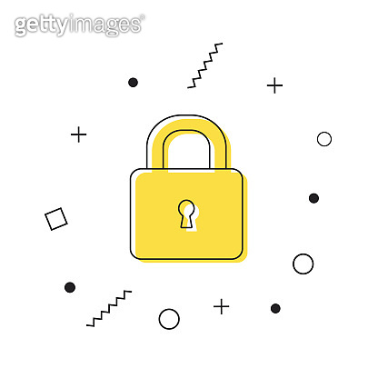 Lock icon vector. Yellow padlock icon with geometric shapes on white ...