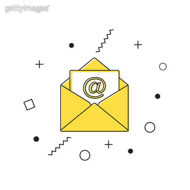 Envelope icon. Yellow mail icon with geometric shapes on white ...