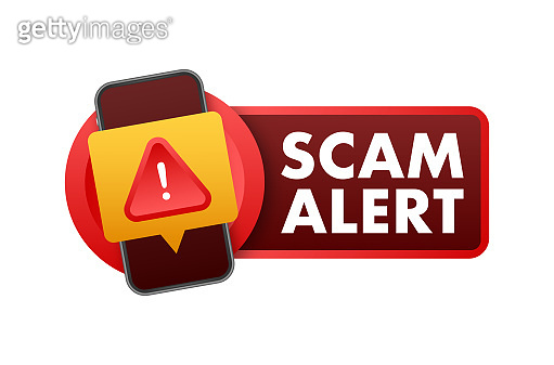 Banner with red scam alert. Attention sign. Cyber security icon ...