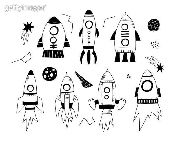 Set of cartoon rockets with abstract shapes in hand drawn style ...