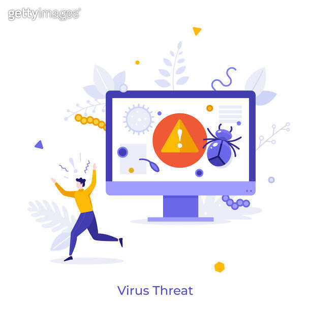 Computer screen with insect and alert notification and man running in ...