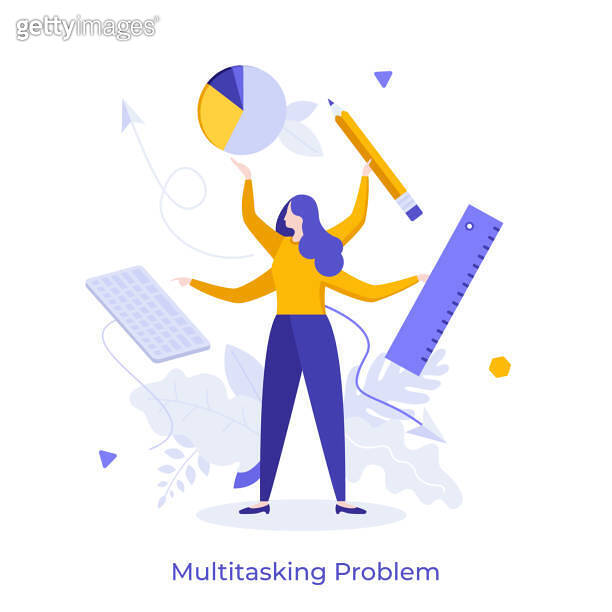 Woman with four hands holding keyboard, diagram, pencil, ruler. Concept ...