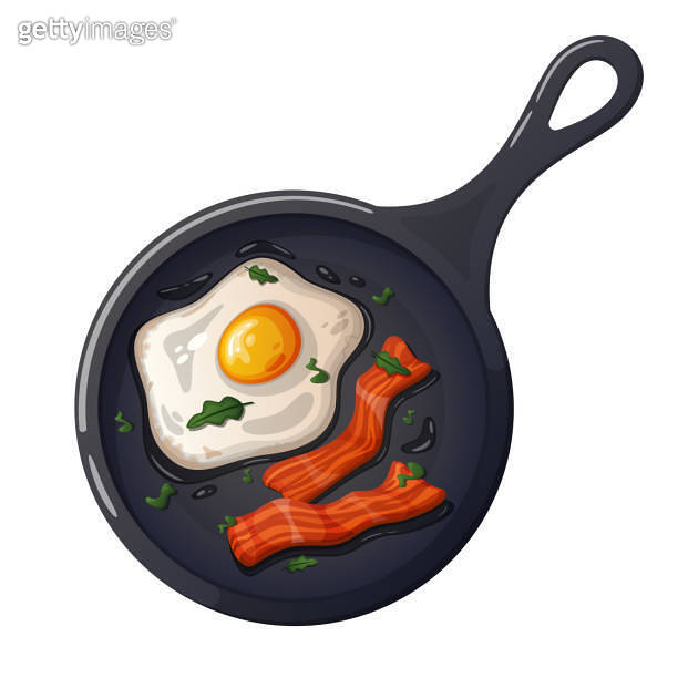 Cartoon bacon with fried eggs in a frying pan. 이미지 (1387762628) - 게티이미지뱅크