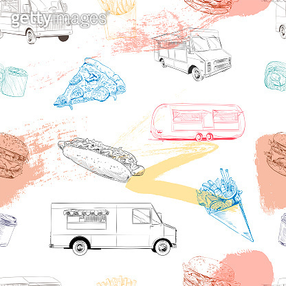 Hand drawn seamless pattern street food, food truck. Vector ...