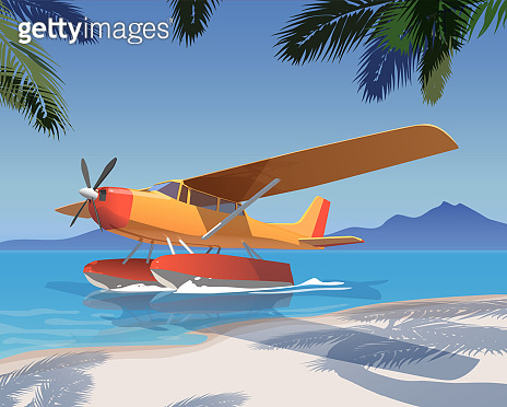 Airplane on floats near the shore on the waves. Vector. 이미지 (1411771525 ...