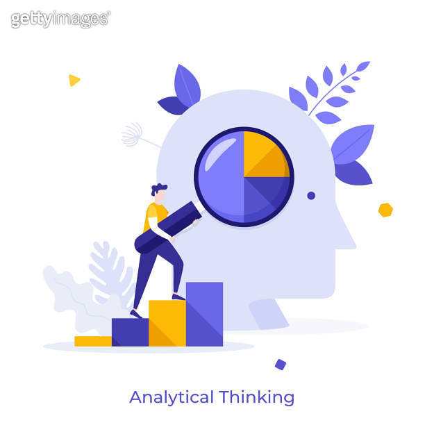 Man ascending bar chart and looking at head through magnifying glass ...