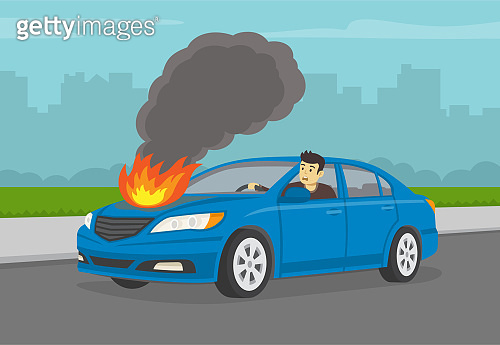 Young scared driver driving his broken sedan car on city road. Burning ...
