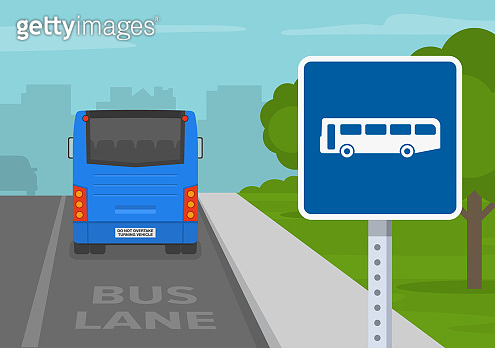 Traffic or road sign meaning. Close-up view of a bus lane sign. Back ...