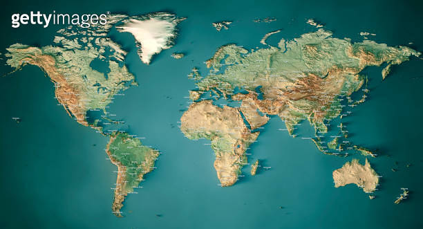 World Map Topographic Map Dark Ocean Color Border City Names ...
