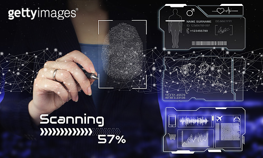 Fingerprint scanning of biometric identity and approval. Hand holding ...
