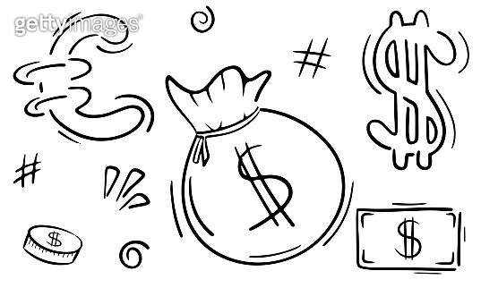a set of business doodles for the bank - a bag of money, dollar, euro ...