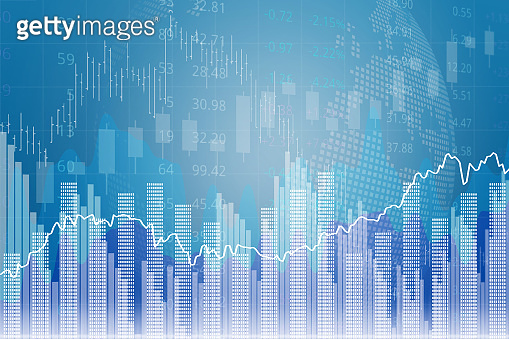 Blue finance background with bars, candlesticks, numbers, columns and ...