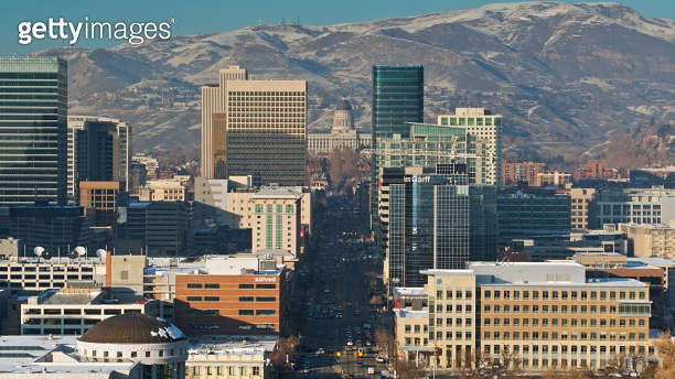 Aerial View Along State Street in SLC Towards Utah State Capitol 이미지 ...