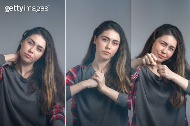 Emotions. A series of photos where a young woman with a disgruntled ...