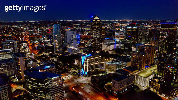 Birds Eye View of Woodall Rodgers Freeway and Downtown Towers in Dallas ...