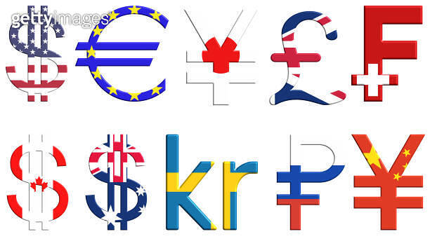 Mix design between the symbol and the flags of the main currencies ...