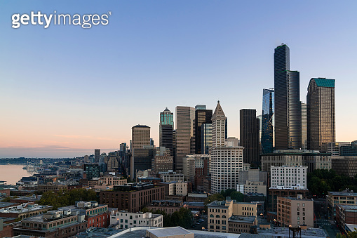 Seattle aerial skyline panorama of downtown skyscrapers at sunrise ...