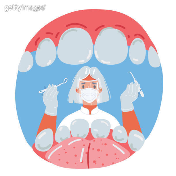 Vector illustration of Dentist woman holding instruments examining ...