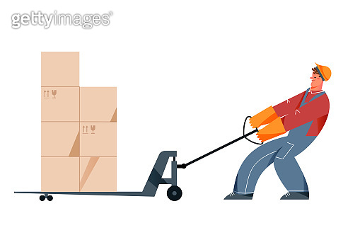 Warehouse worker pulling cart with stack of boxes, loader pushing ...