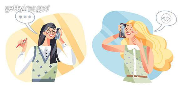 Cute girls talk smartphones set vector illustration. Cartoon isolated ...