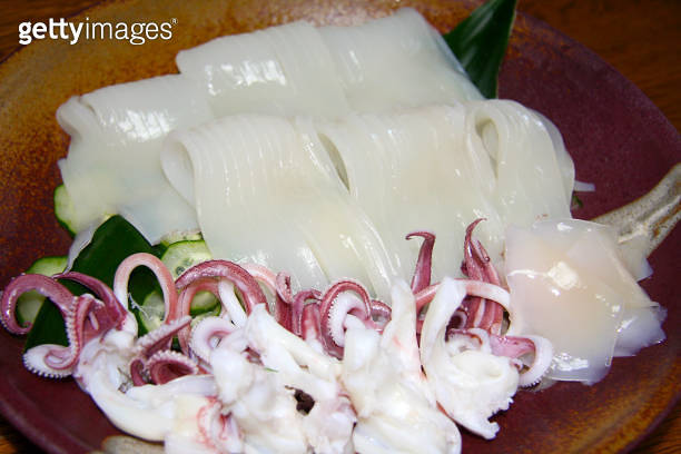 Japanese raw squid dish called " Osashimi (Otsukuri)", the slicing ...