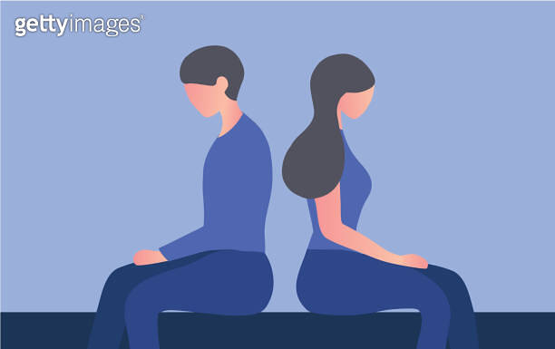 Depressed couple sitting back to back in the dark room. Depression ...