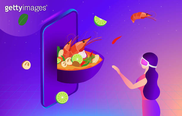 Metaverse Virtual Reality food. woman wearing VR goggle having 3d ...