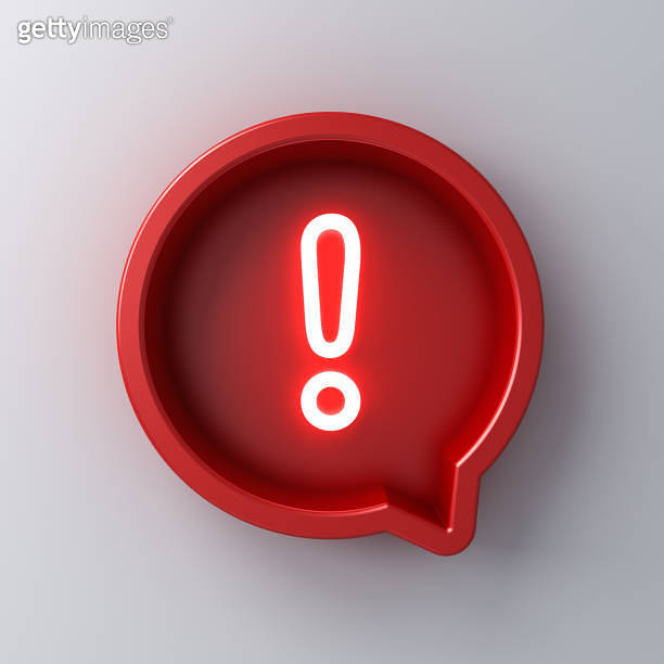 Neon light exclamation mark icon in red round speech bubble box 3d ...