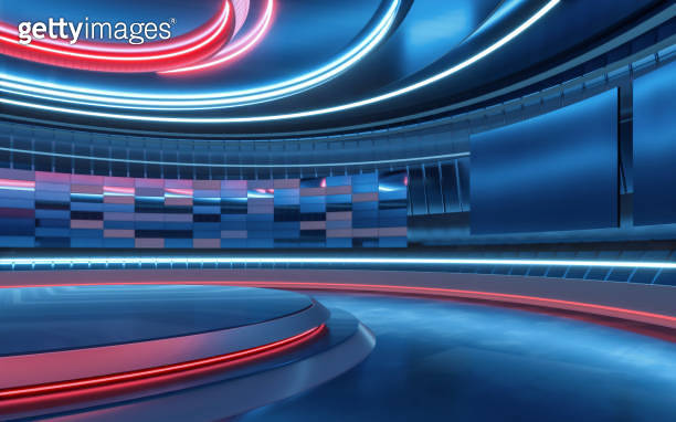 Empty broadcasting studio background, with circular blue walls and ...