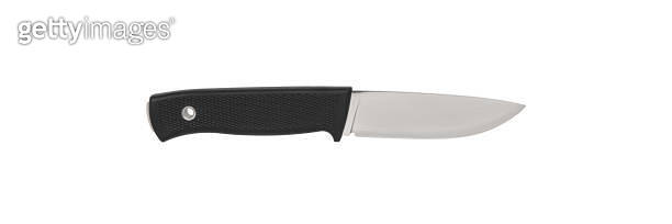 Modern hunting knife with silver blade and rubber handle. Steel arms ...