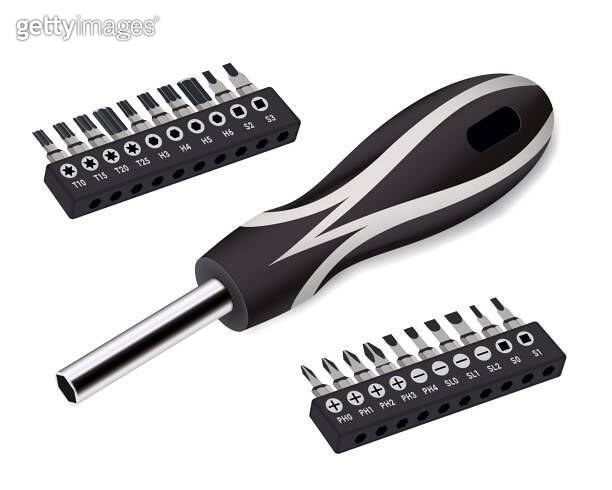 Vector Screwdriver with Magnetic Tip. Bit Set of Different Types. Close ...