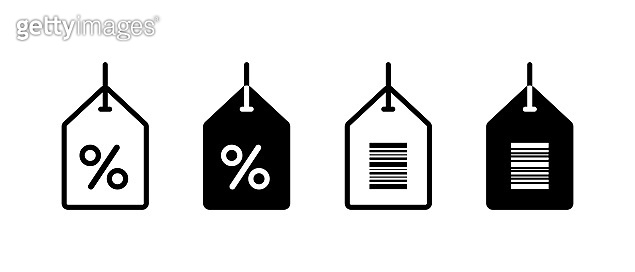 Price tag vector icon set. Discount and barcode tag outline style ...