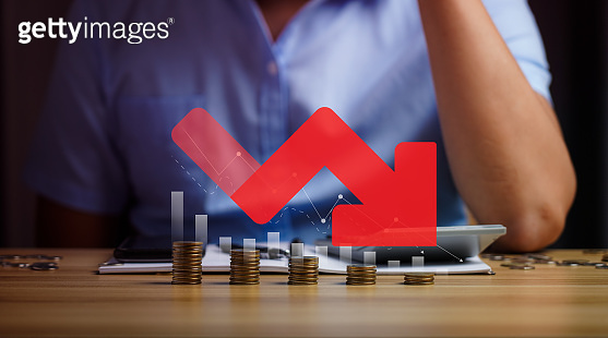 Economic recession concept, crisis. Money with red arrow down ...