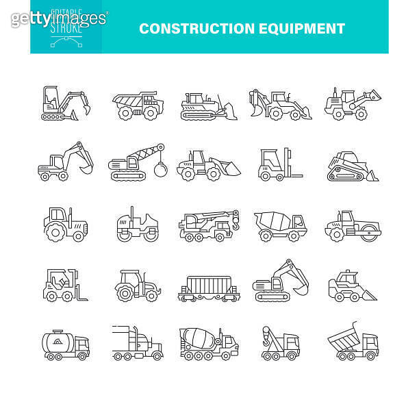 Construction Equipment Icons Editable Stroke. The set contains icons as ...