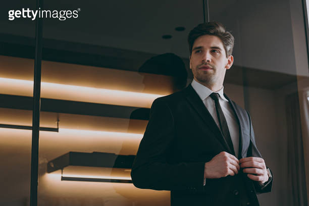 Bottom view young successful employee agent business man corporate ...