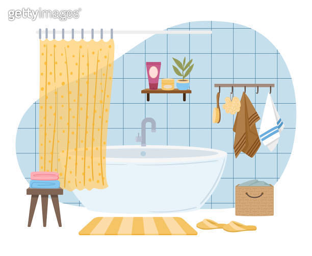 Cartoon bathroom interior, modern furniture, bath tub, potted plants ...
