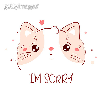 Apologize card. Sad fat cat with pink heart. Inscription I'm sorry ...