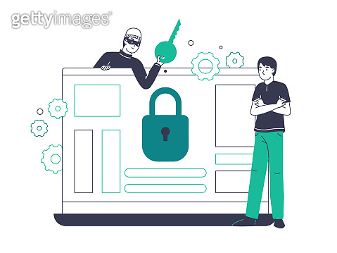 Hacker attack, cyber security breach, scam phishing. Outline internet ...