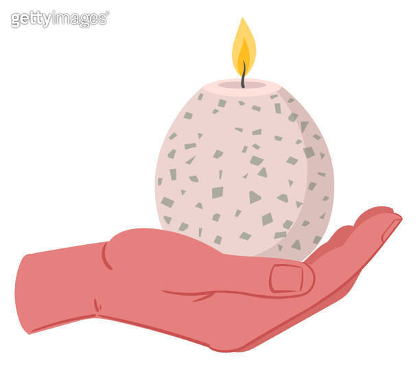 Scented wax candle in hands, cozy cartoon candle. Hand holding candle ...