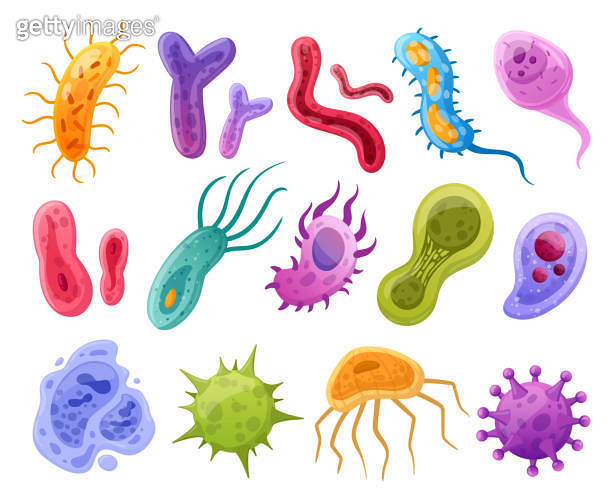 Cartoon viruses, bacteria and microbes, microorganism germs. Biological ...