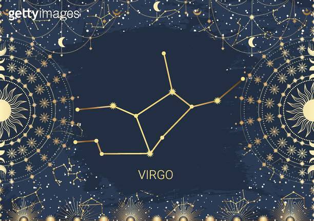 Hand drawn card of golden Virgo, Sun, Moon, star. Constellation ...