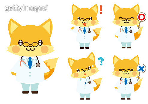 Set of illustrations of a fox doctor with various expressions ...