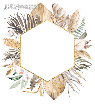 Watercolor Bohemian golden frame with dried leaves and tropical flowers illustration 이미지 ...