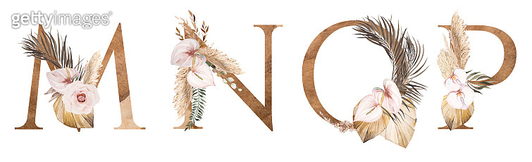 Watercolor letters decorarated with dried leaves and tropical flowers ...