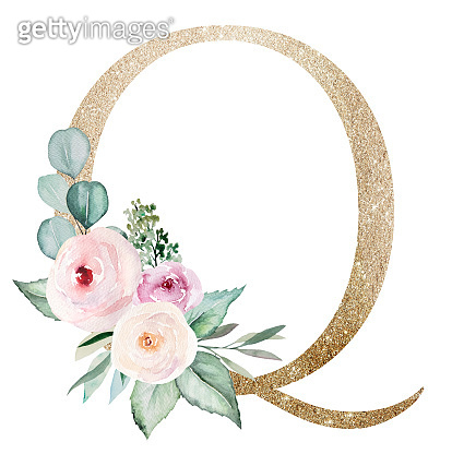 Light golden Letter Q with watercolor roses and leaves. Pastel floral ...