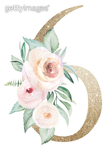 Light golden number 6 with watercolor roses and leaves. Pastel floral ...