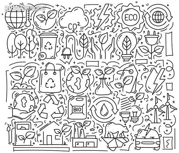 Ecology and Environment Related Objects and Elements. Hand Drawn Vector ...