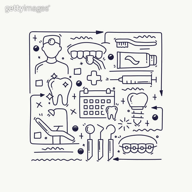 Dental Related Doodle Illustration. Hand Drawn Symbols, Doodle Sketch ...
