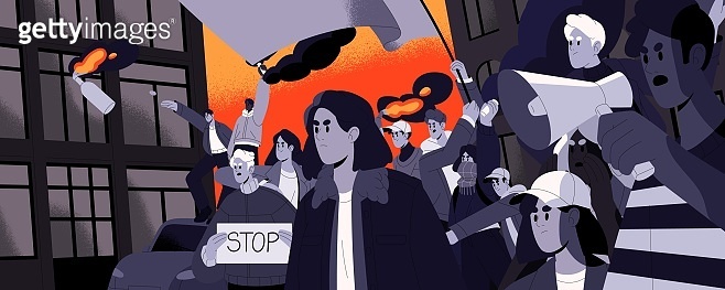 People at revolution, protest, strike. Rebellions at demonstration ...