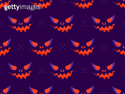 Halloween scary face with glowing eyes in pixel style. Seamless pattern ...